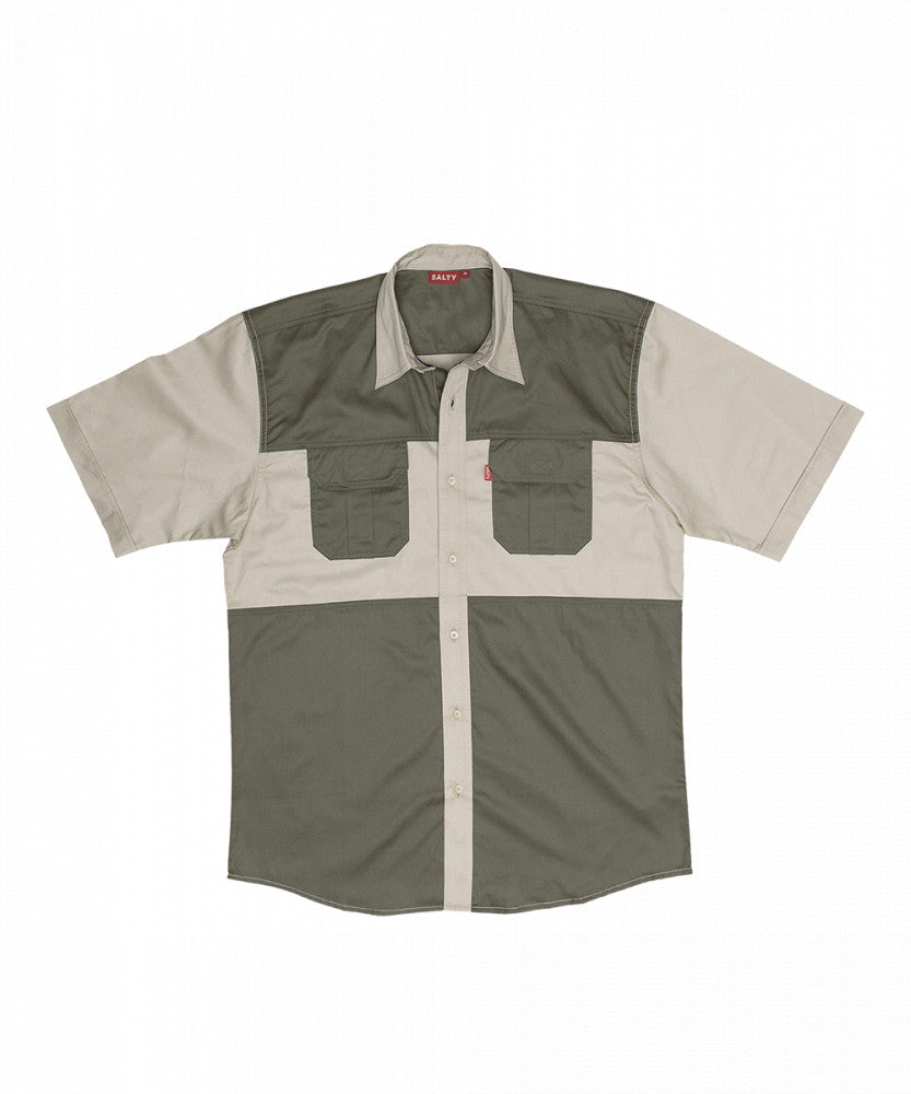 Salty Mens Two Tone Bush Shirt - Stone & Olive — WELKOM USA